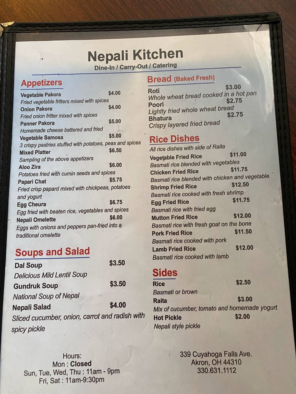 Menu at Nepali Kitchen Restaurant, Akron