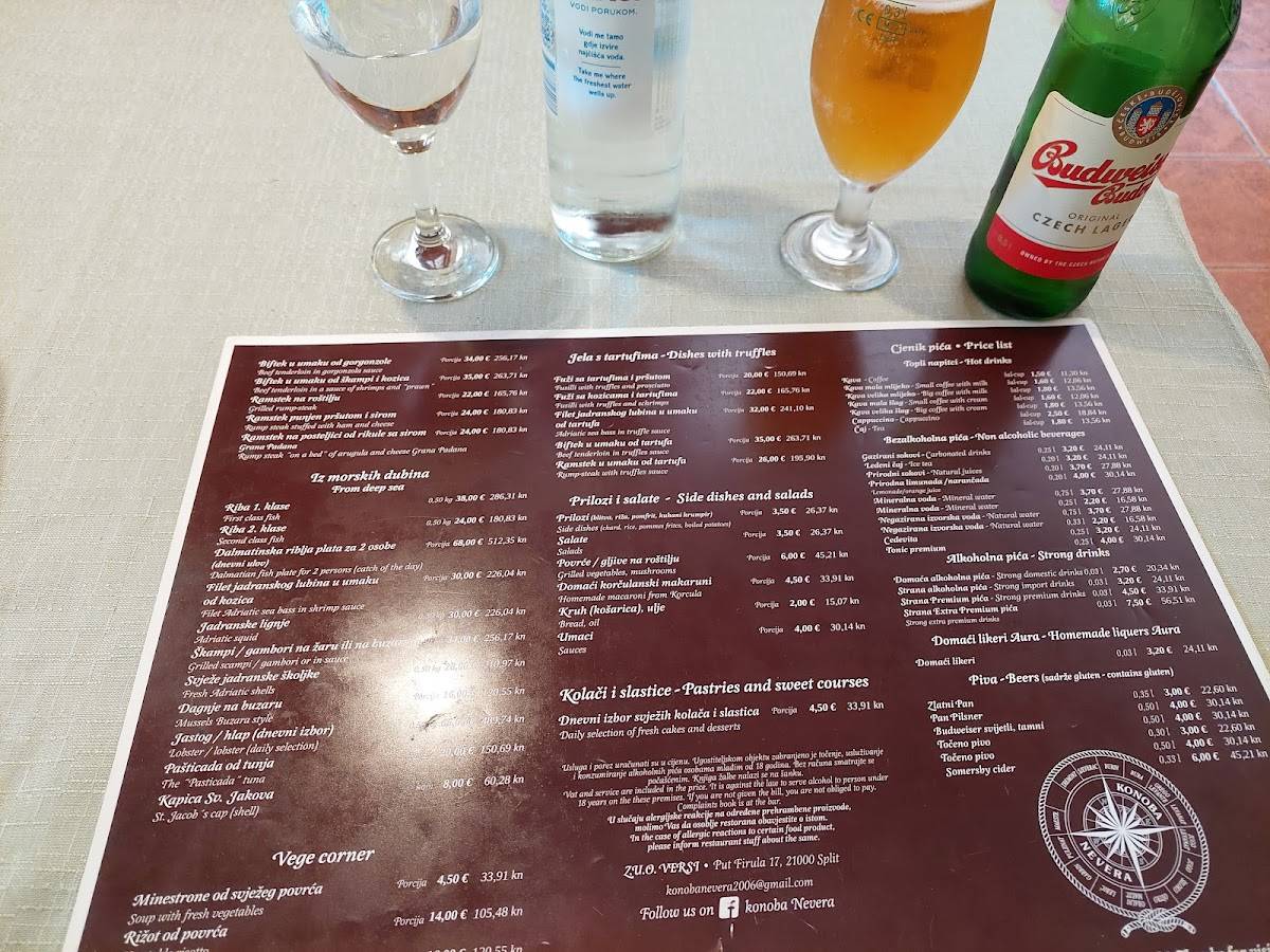 Menu at Nevera Tavern restaurant, Split