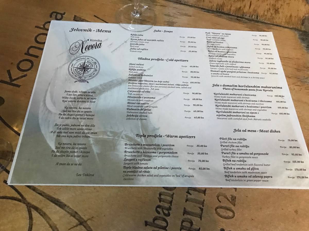 Menu at Nevera Tavern restaurant, Split