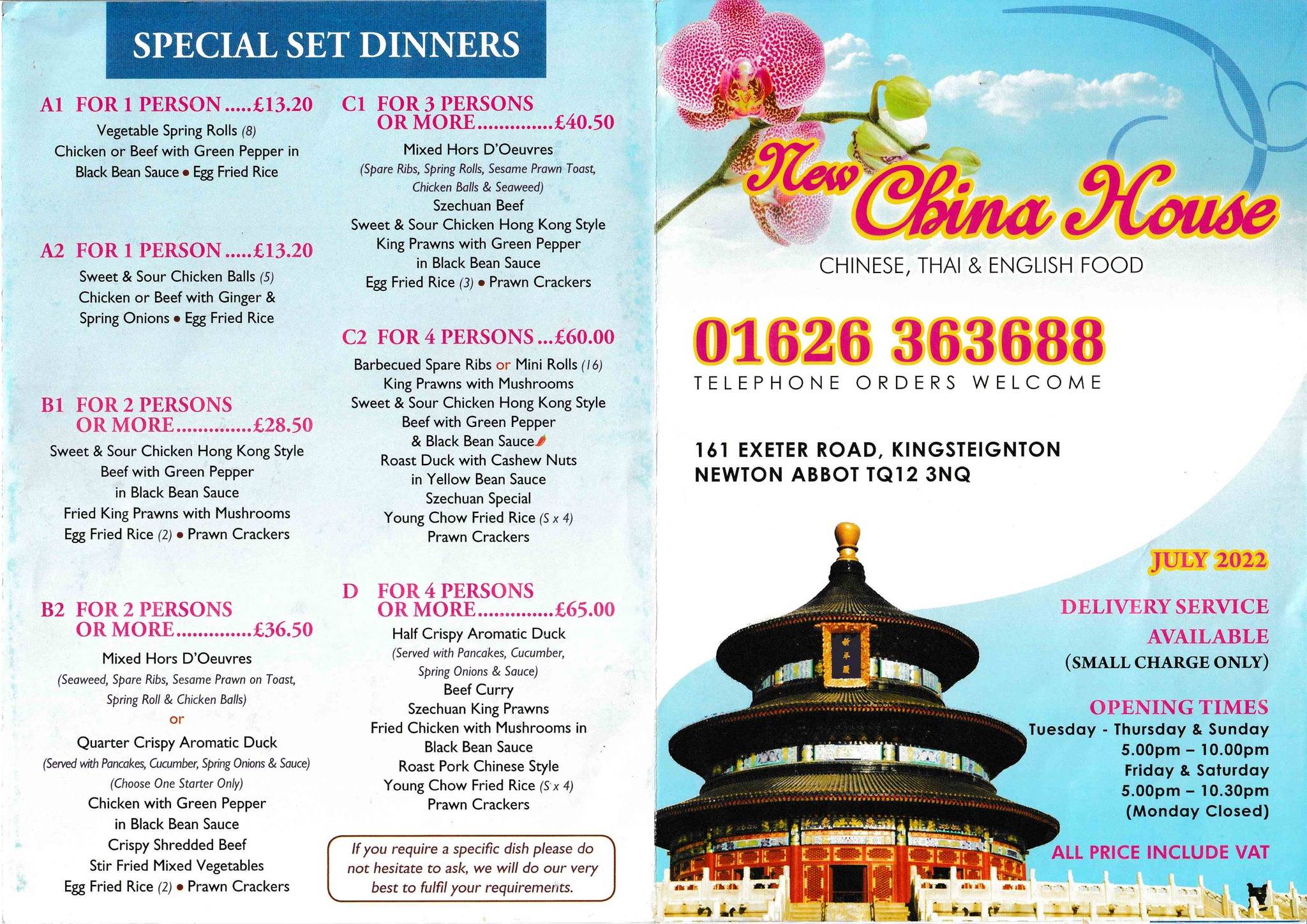 Menu at New China House Newtonabbot Torquay restaurant, Kingsteignton