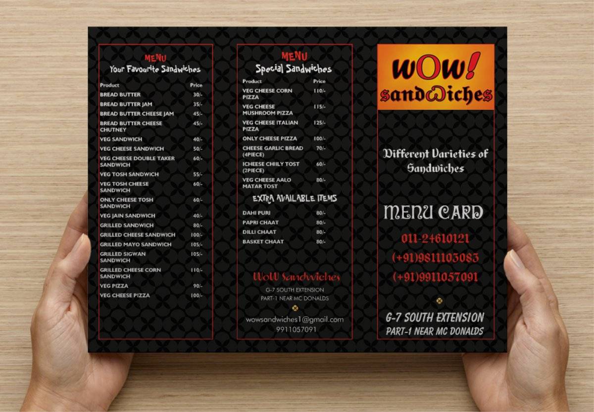 Menu at WoW Sandwiches, New Delhi