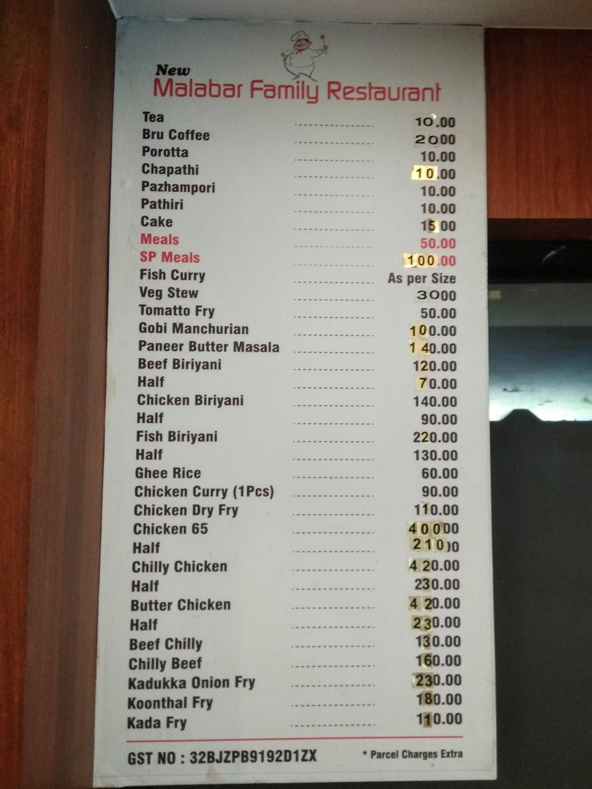 Menu at New Malabar Family Restaurant, Kozhikode