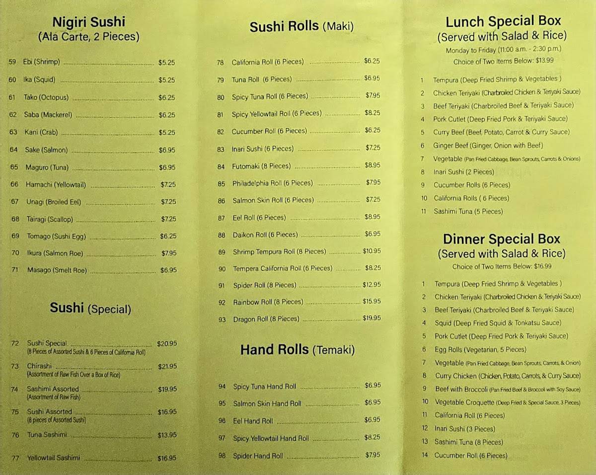 Menu at New Tokyo Restaurant, Marina