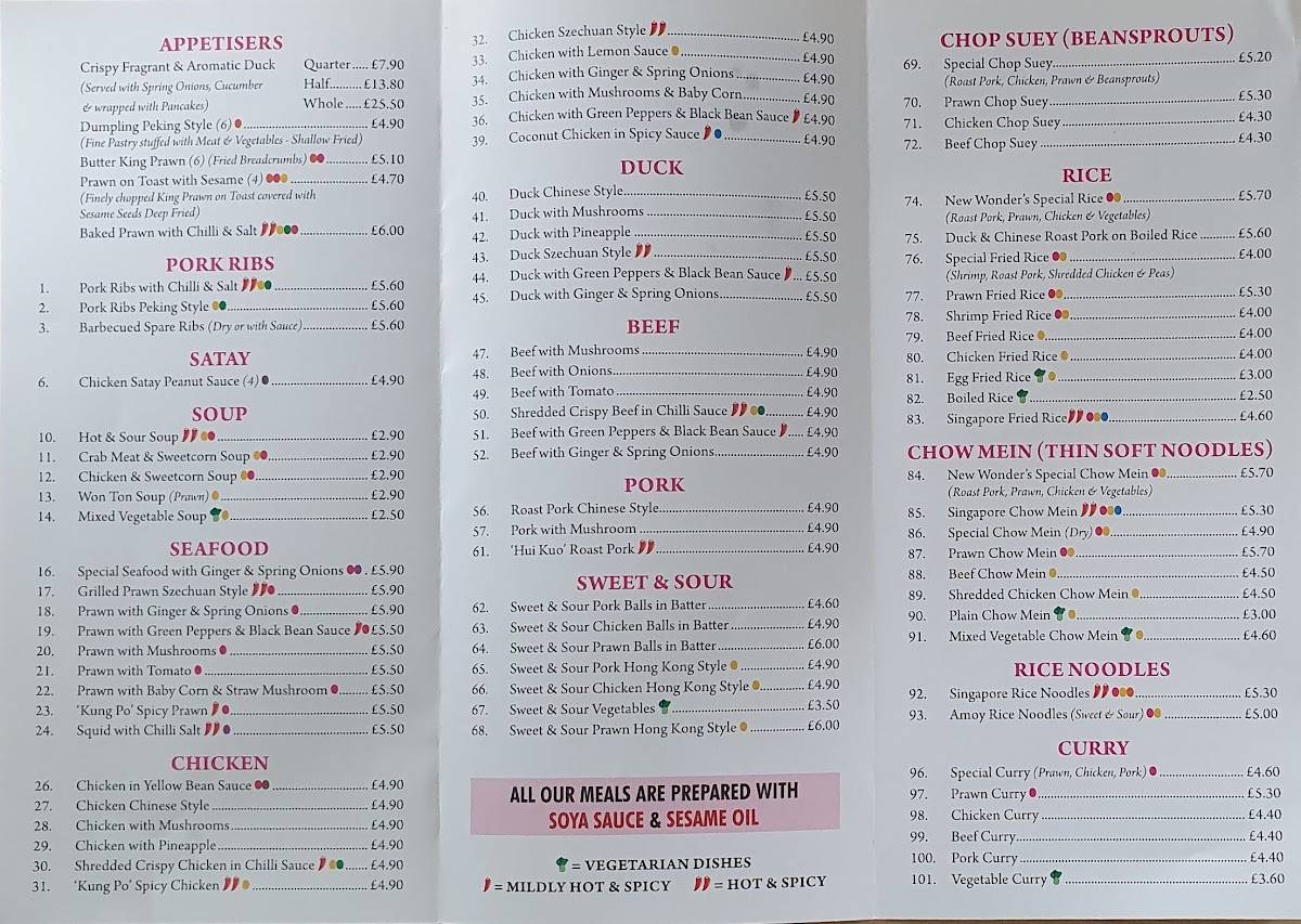 Menu at New Wonder Chinese Take Away fast food, Mitcham