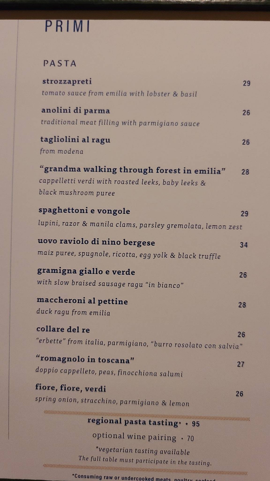 Menu at Rezdôra restaurant, New York City