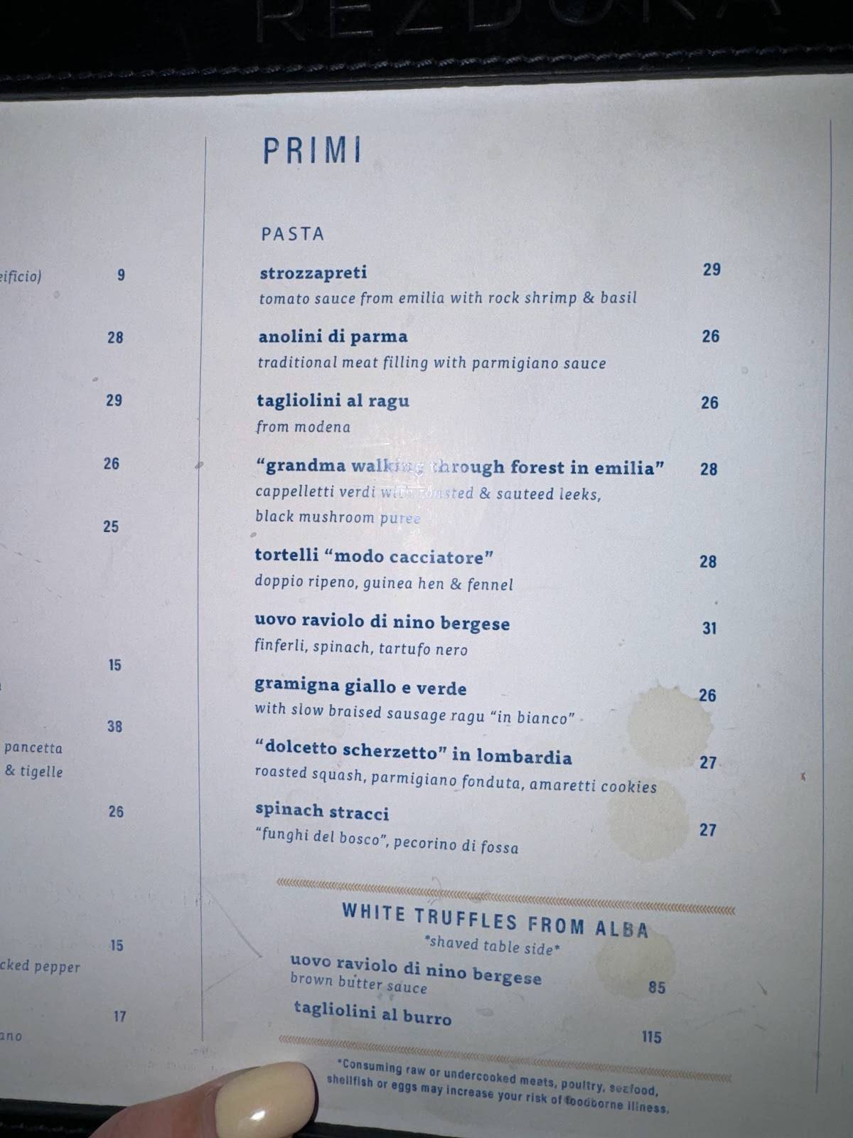 Menu at Rezdôra restaurant, New York City