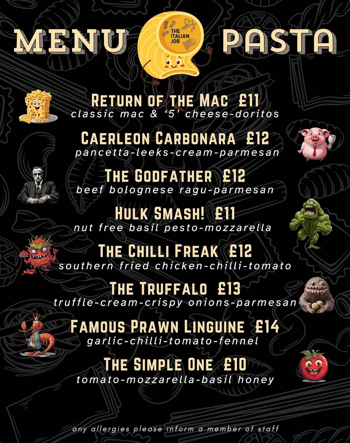 Menu at The Italian Job restaurant, Newport