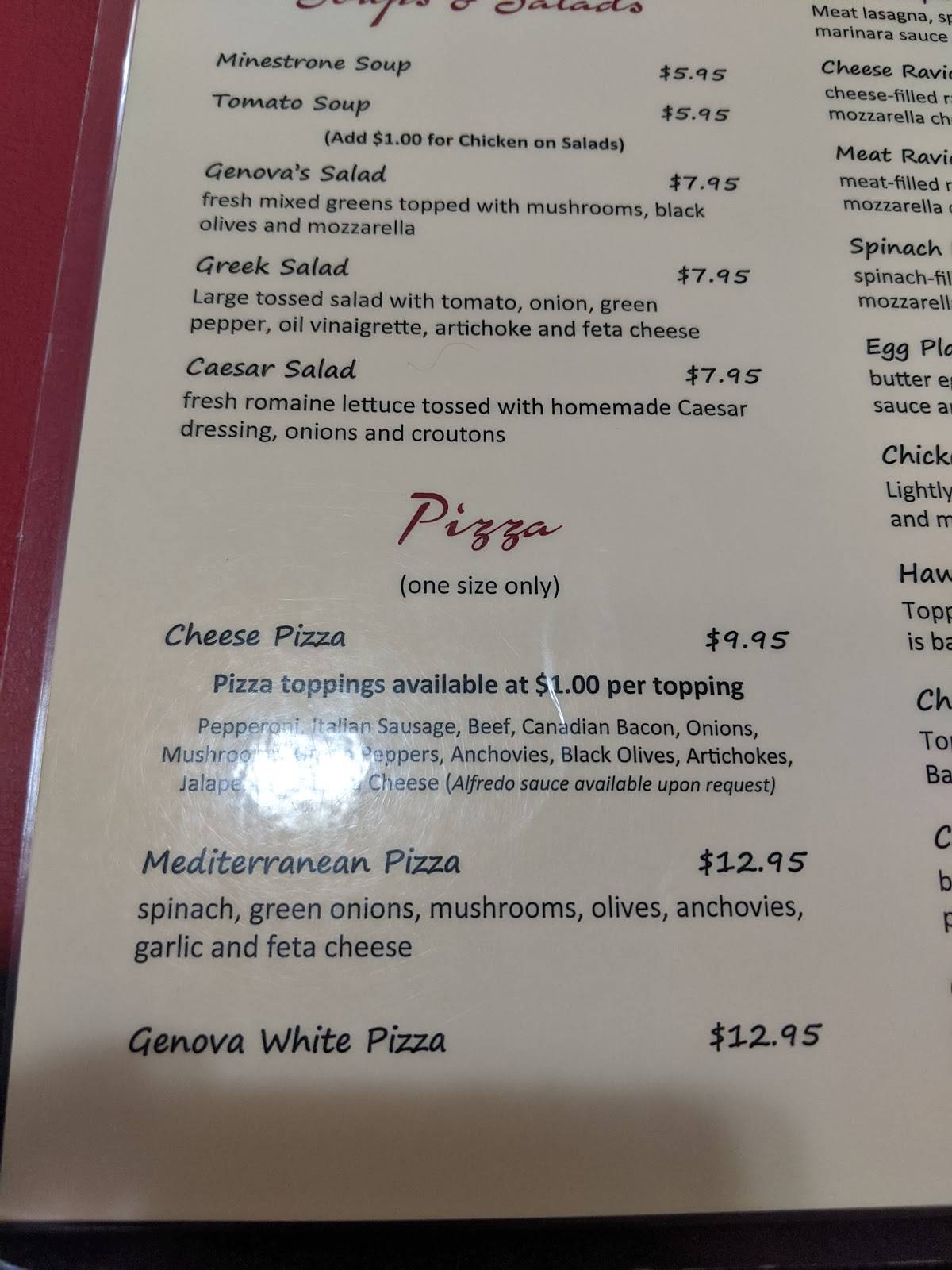 Menu at Genova Italian Restaurant, Newton