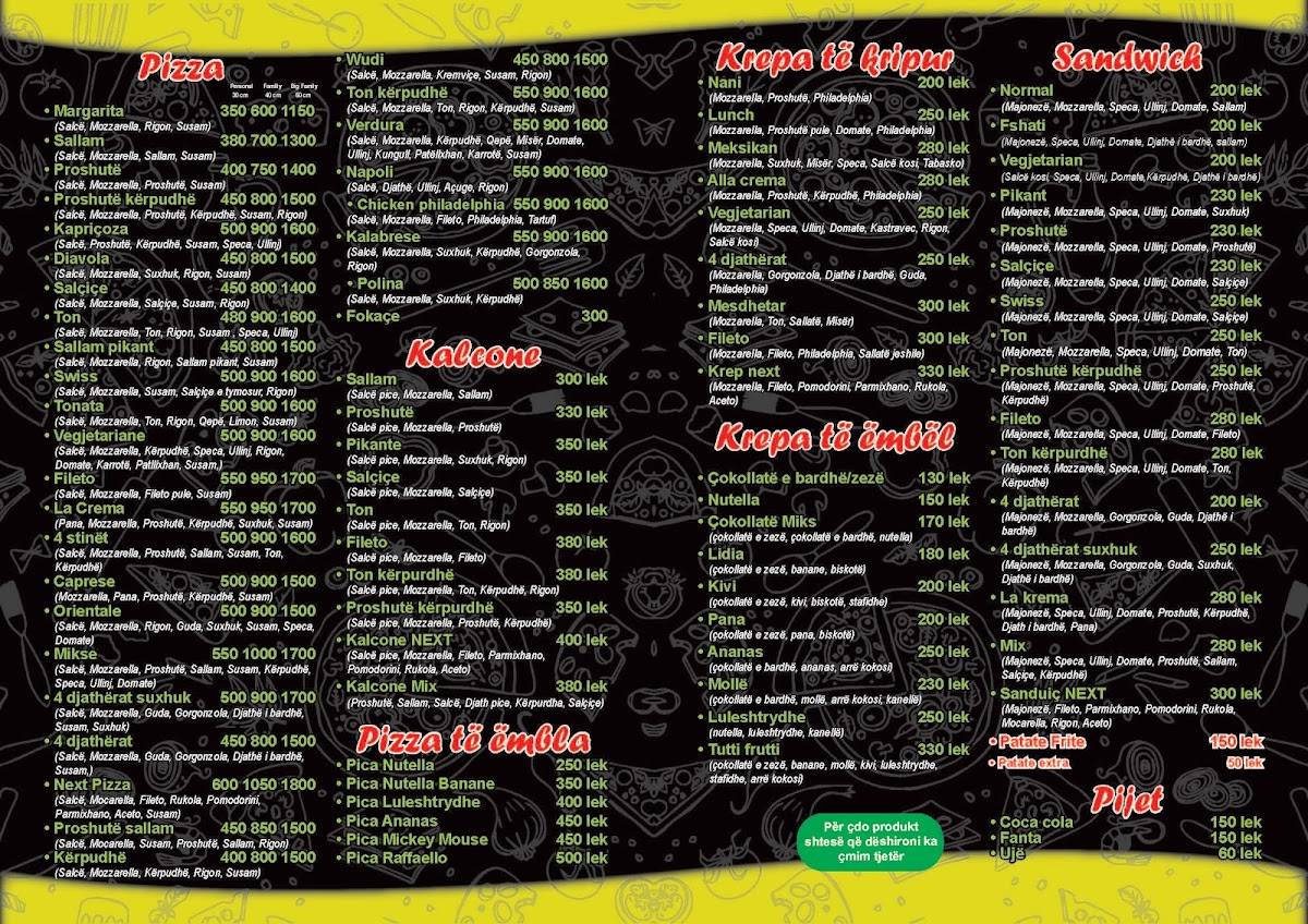 Menu at Next Pizza restaurant, Tirana