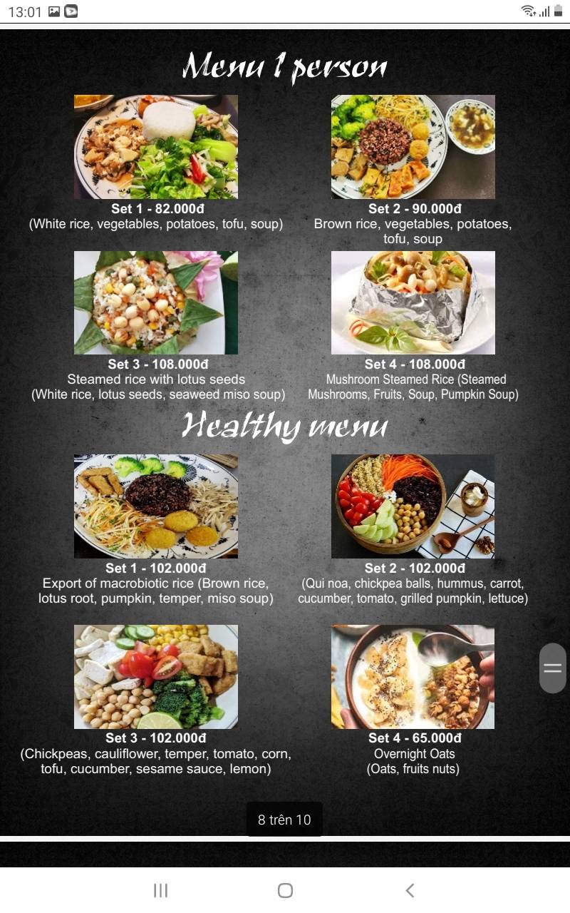 Menu at Ngo Dong Vegan restaurant, Ninh Binh