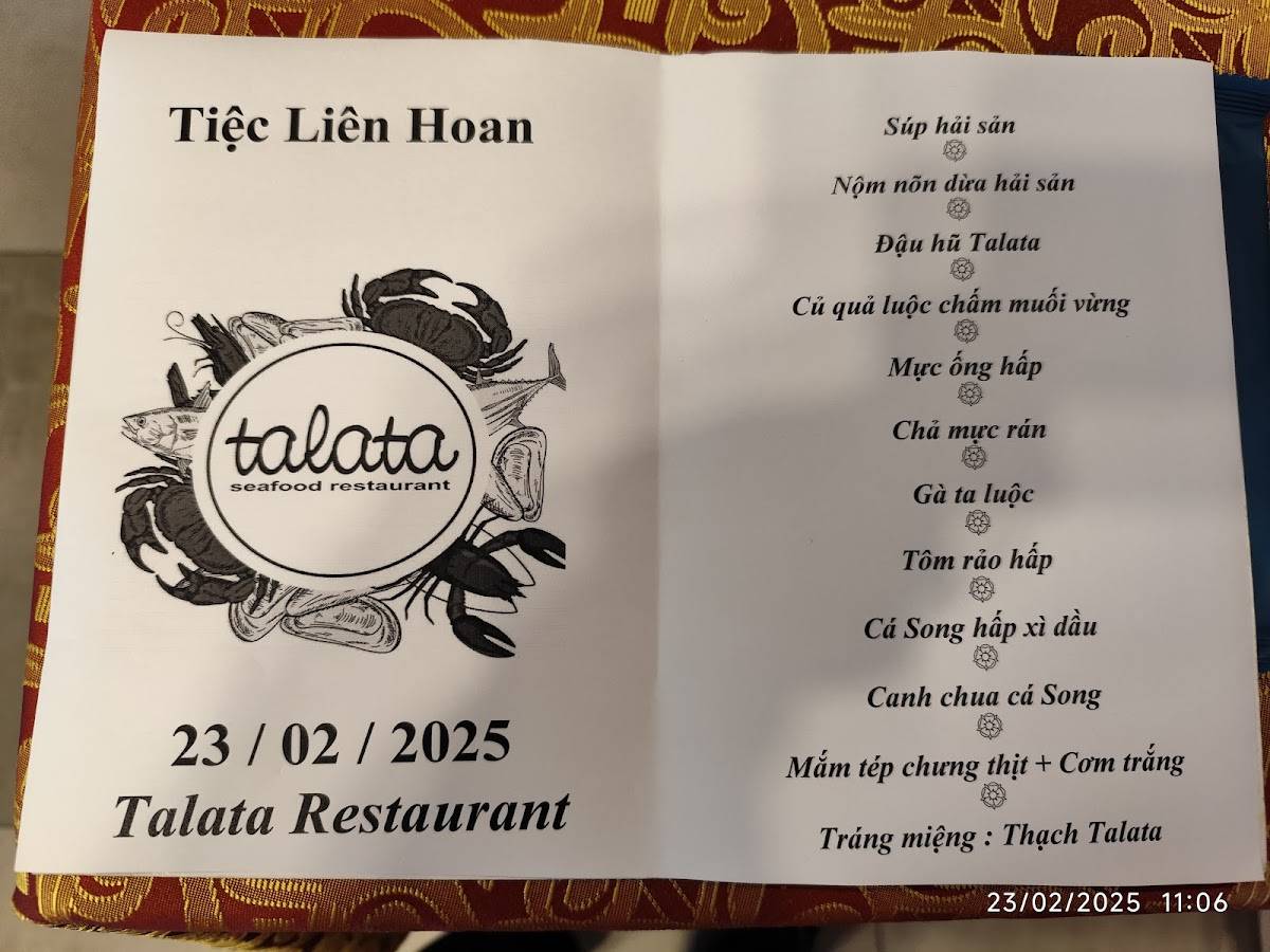 Menu at Nhà Hàng Hải Sản Talata restaurant, Ha Long