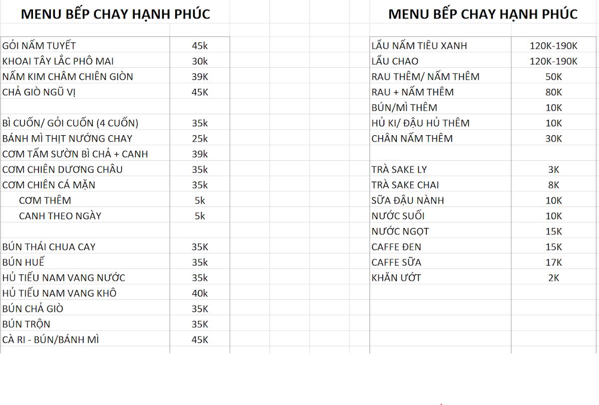 Menu at Nhà hàng Bếp Chay Hạnh Phúc restaurant, Ho Chi Minh City