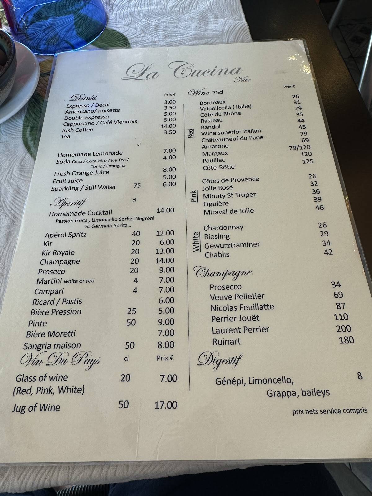 Menu at La Cucina restaurant, Nice