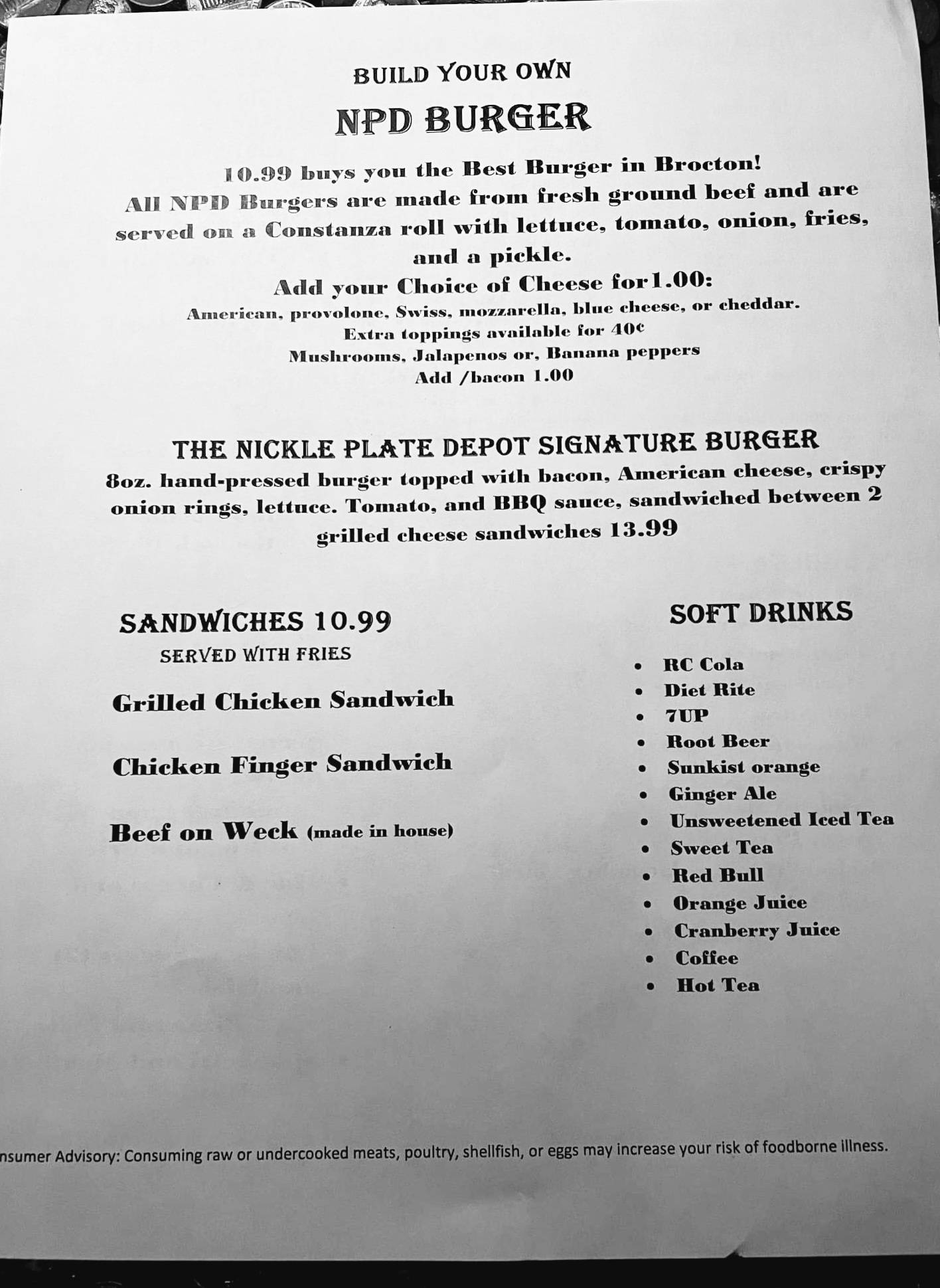 Menu at Nickel Plate Depot pub & bar, Brocton