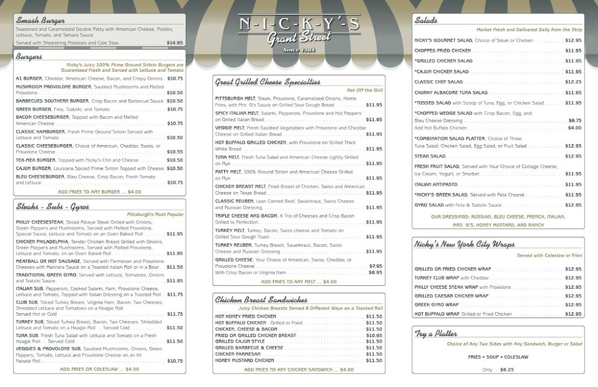 Menu at Nicky's Grant Street restaurant, Pittsburgh, 310 Grant St #100