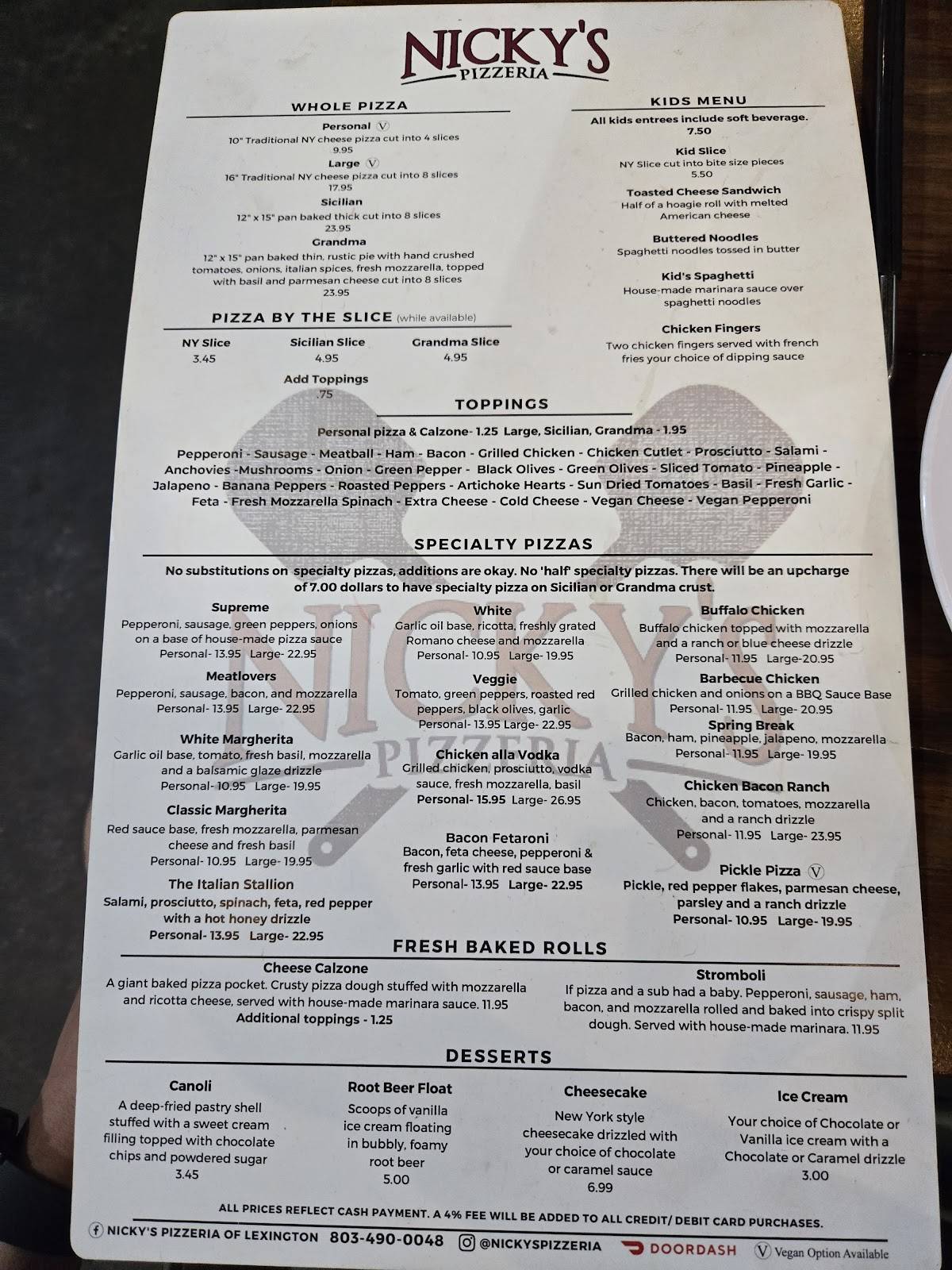 Menu at Nicky's Pizzeria, Lexington