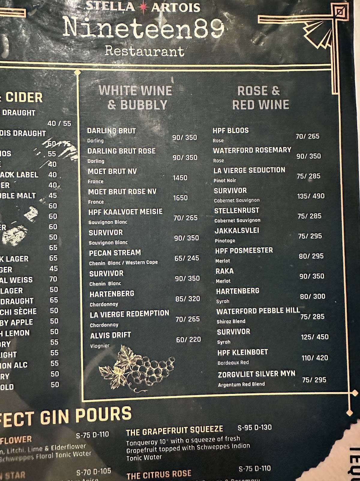 Menu at Nineteen 89 restaurant, Plettenberg Bay