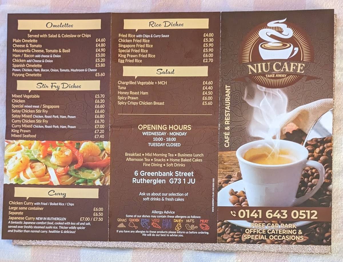 Menu at Niu Cafe, Glasgow, 6 Greenbank St