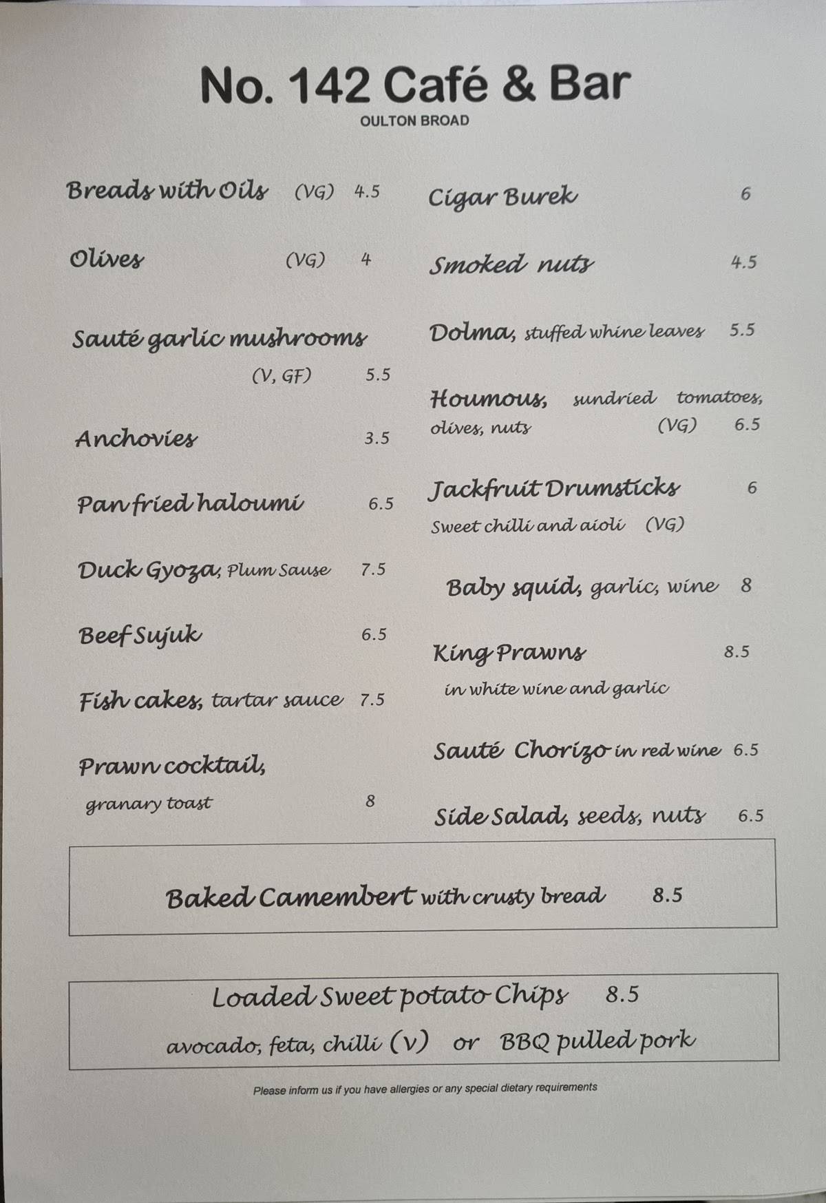 Menu at No. 142 Café & Bar, Lowestoft