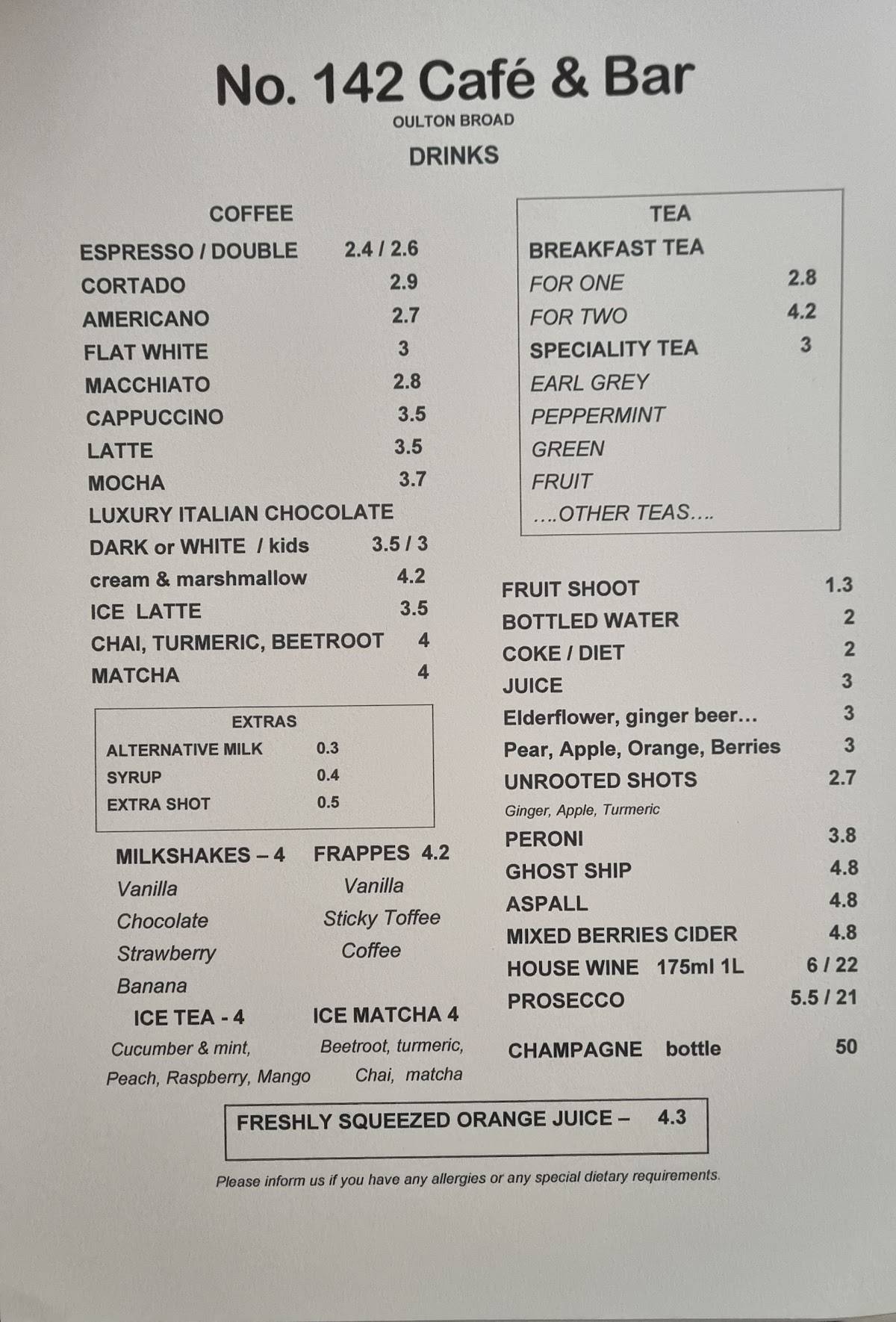 Menu at No. 142 Café & Bar, Lowestoft