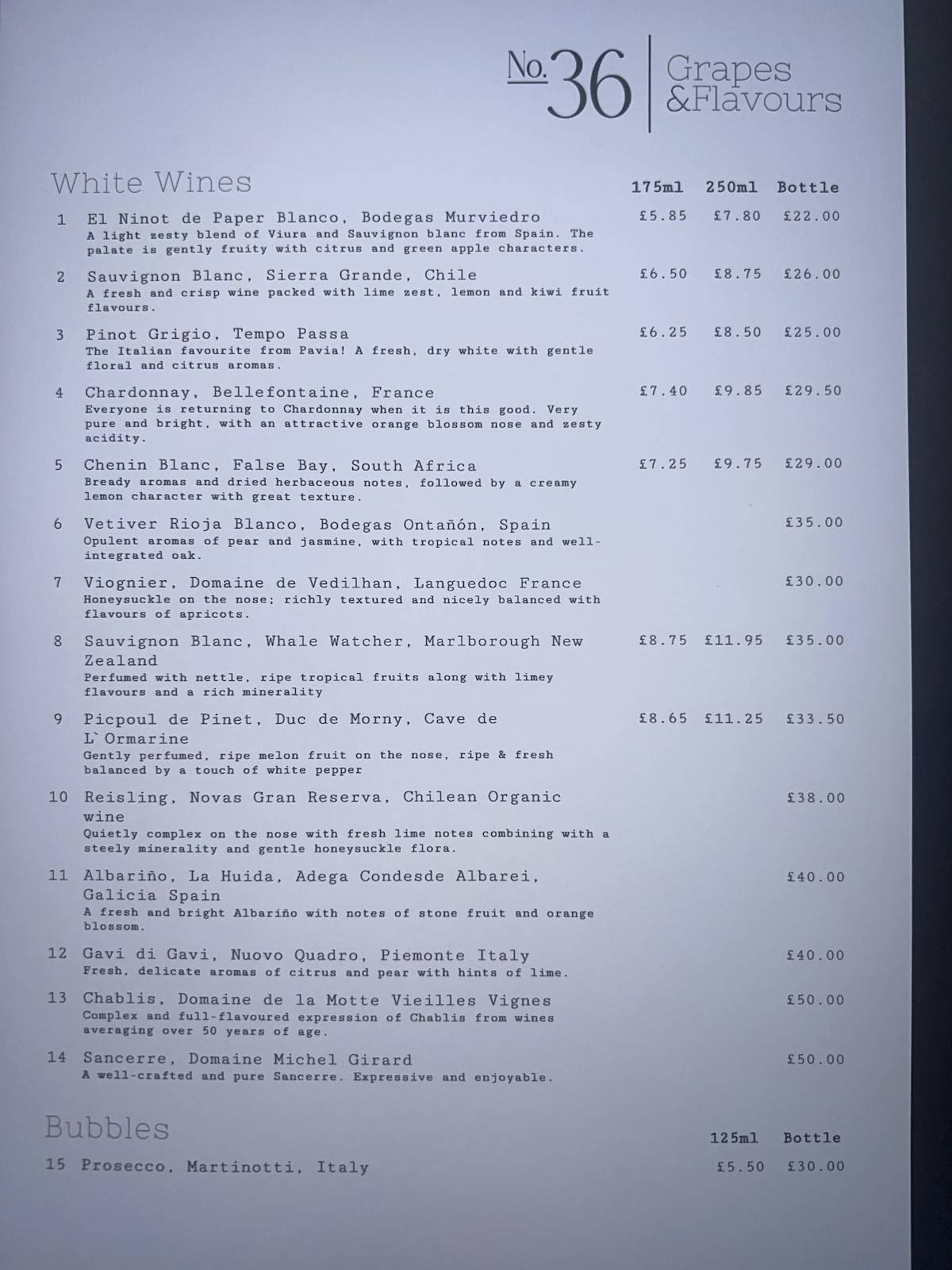 Menu at No.36 Grapes & Flavours pub & bar, Chinnor
