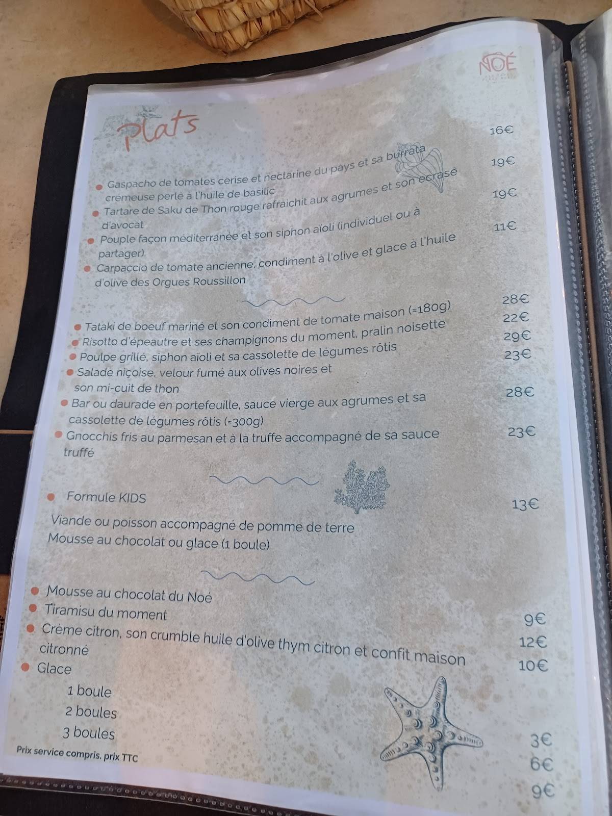 Menu au Noé - Bar À Tapas, Hyères