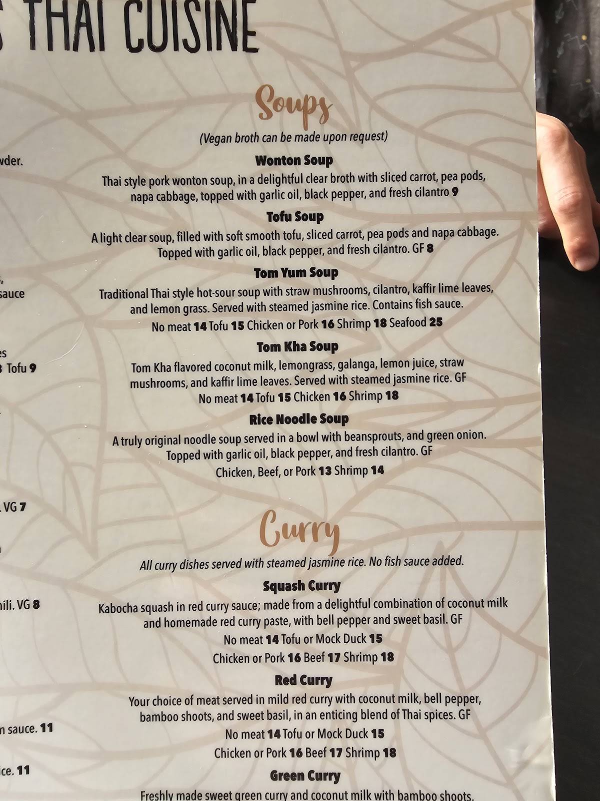 Menu at Nong's Thai Cuisine restaurant, Golden Valley
