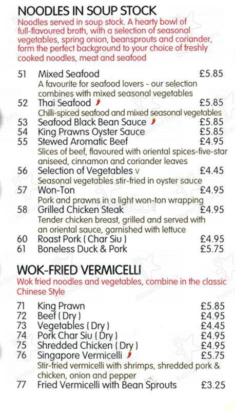 Carta del restaurante Noodle Time, Londres, 28-70 Broadway