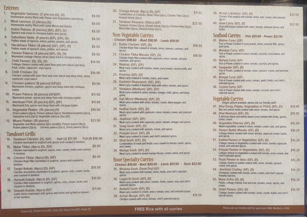 Menu at Noor Indian Restaurant, Kenmore