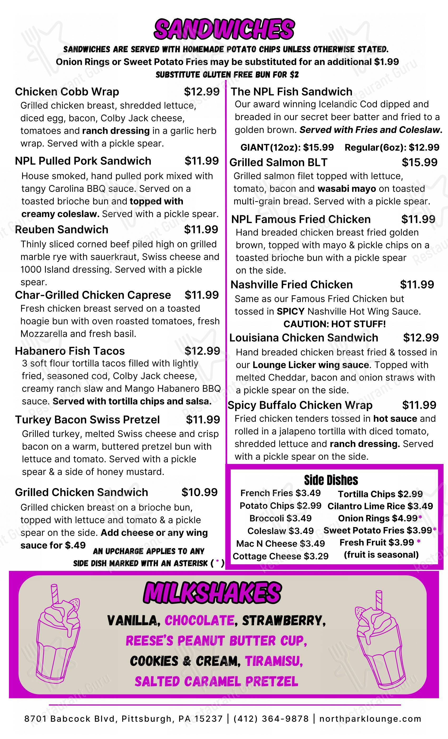 Menu at North Park Lounge McCandless restaurant, Pittsburgh, Babcock Blvd