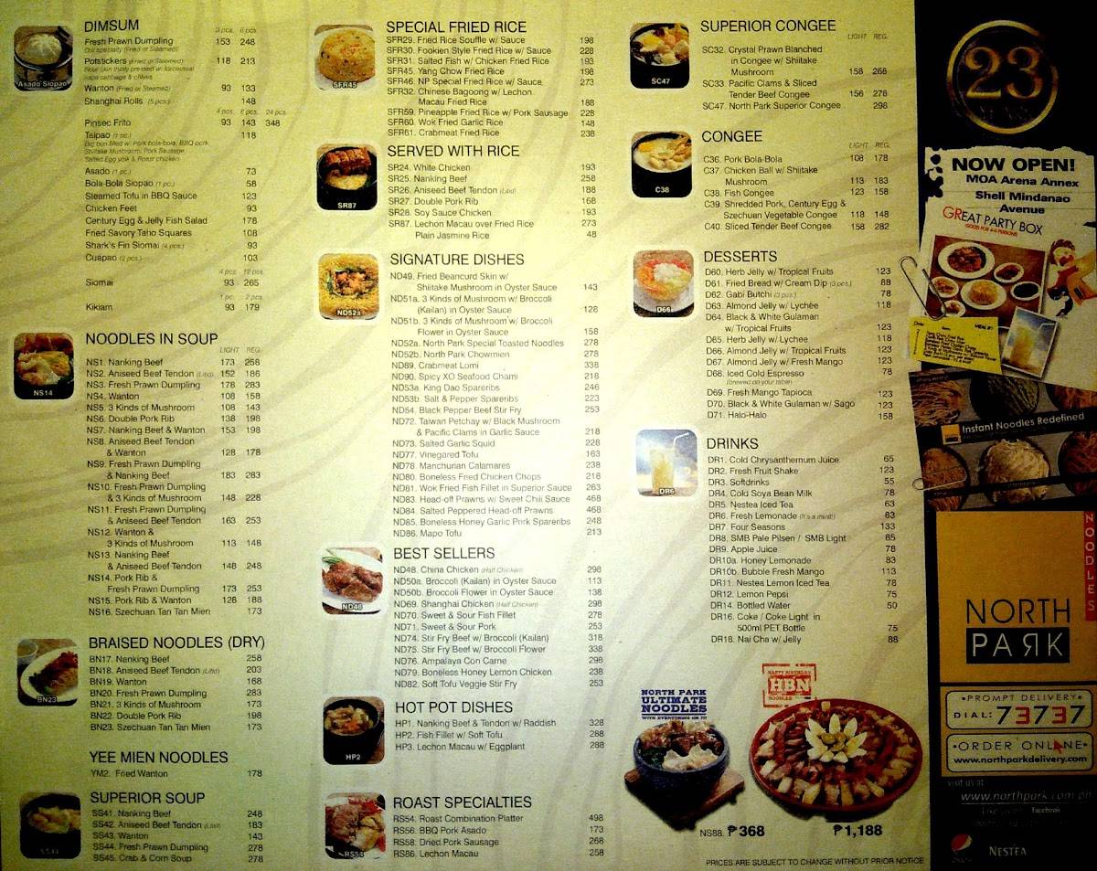 Menu at North Park restaurant, Manila, L.P. Leviste Street