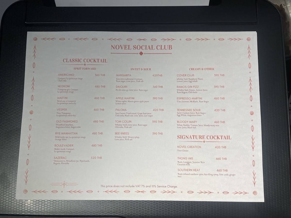 Menu at Novel Supper Club, Bangkok
