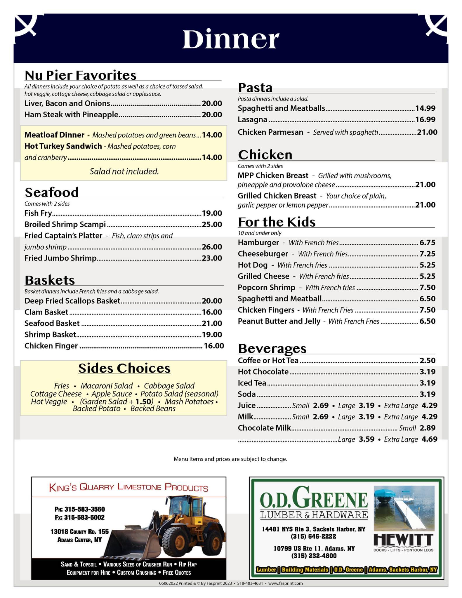 Menu at Nu Pier Restaurant, Sackets Harbor, State Rte 3