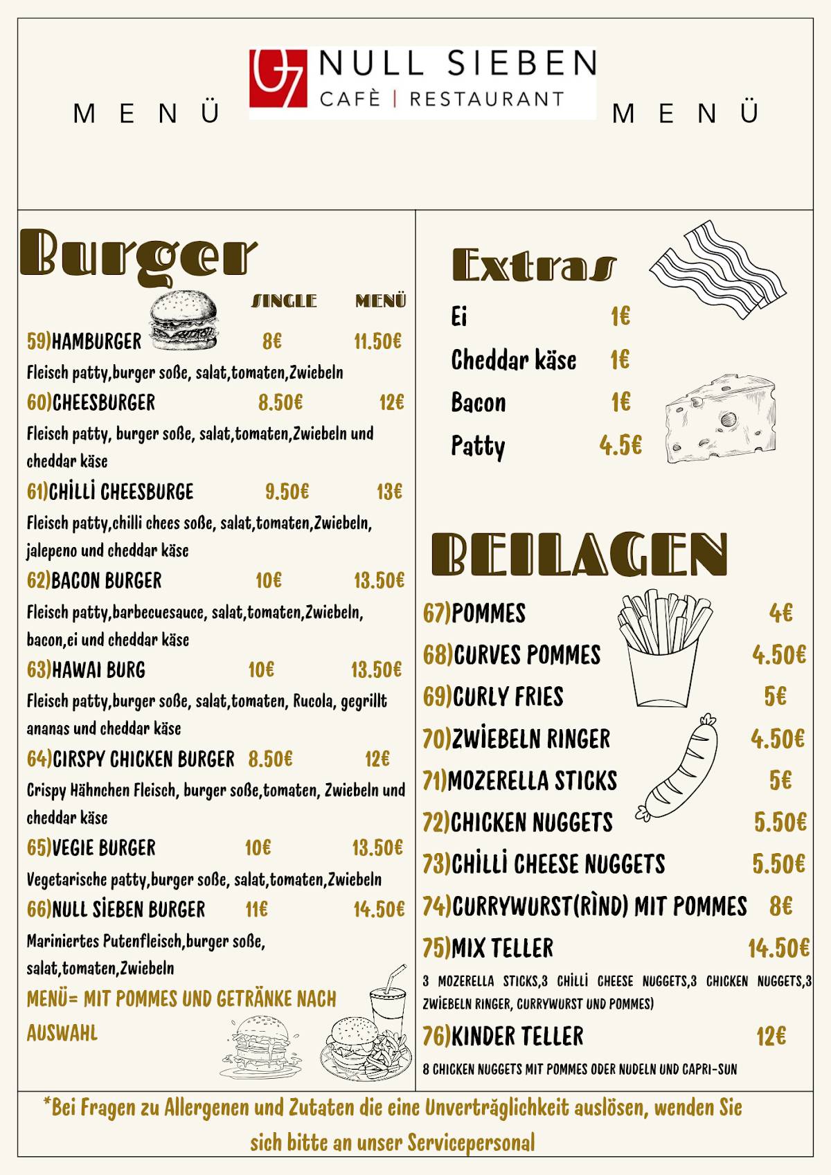 Speisekarte von Null Sieben Café Rastaurant restaurant, Bad Orb