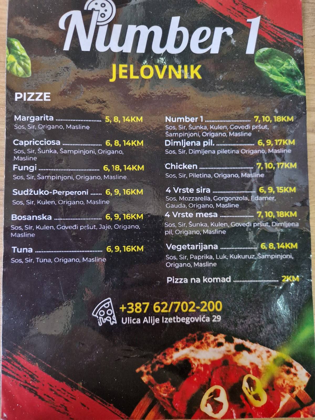 Menu au Number 1 pizzeria, Živinice