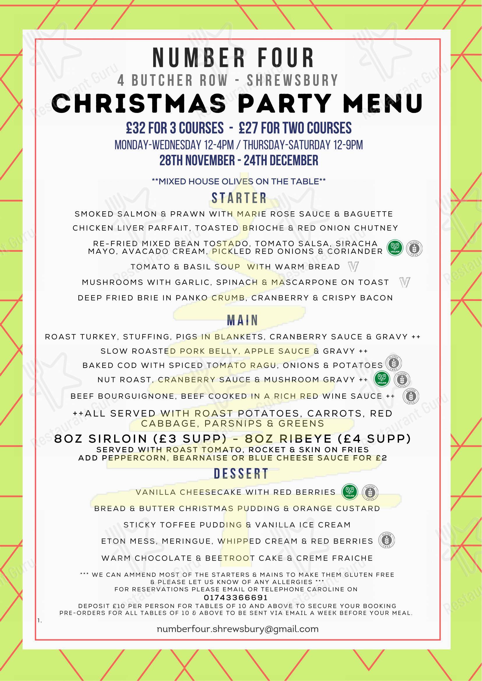 Menu at Number Four restaurant, Shrewsbury