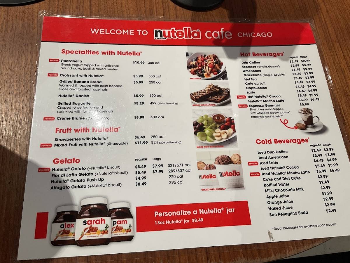 Menu at Nutella Cafe Chicago, Chicago