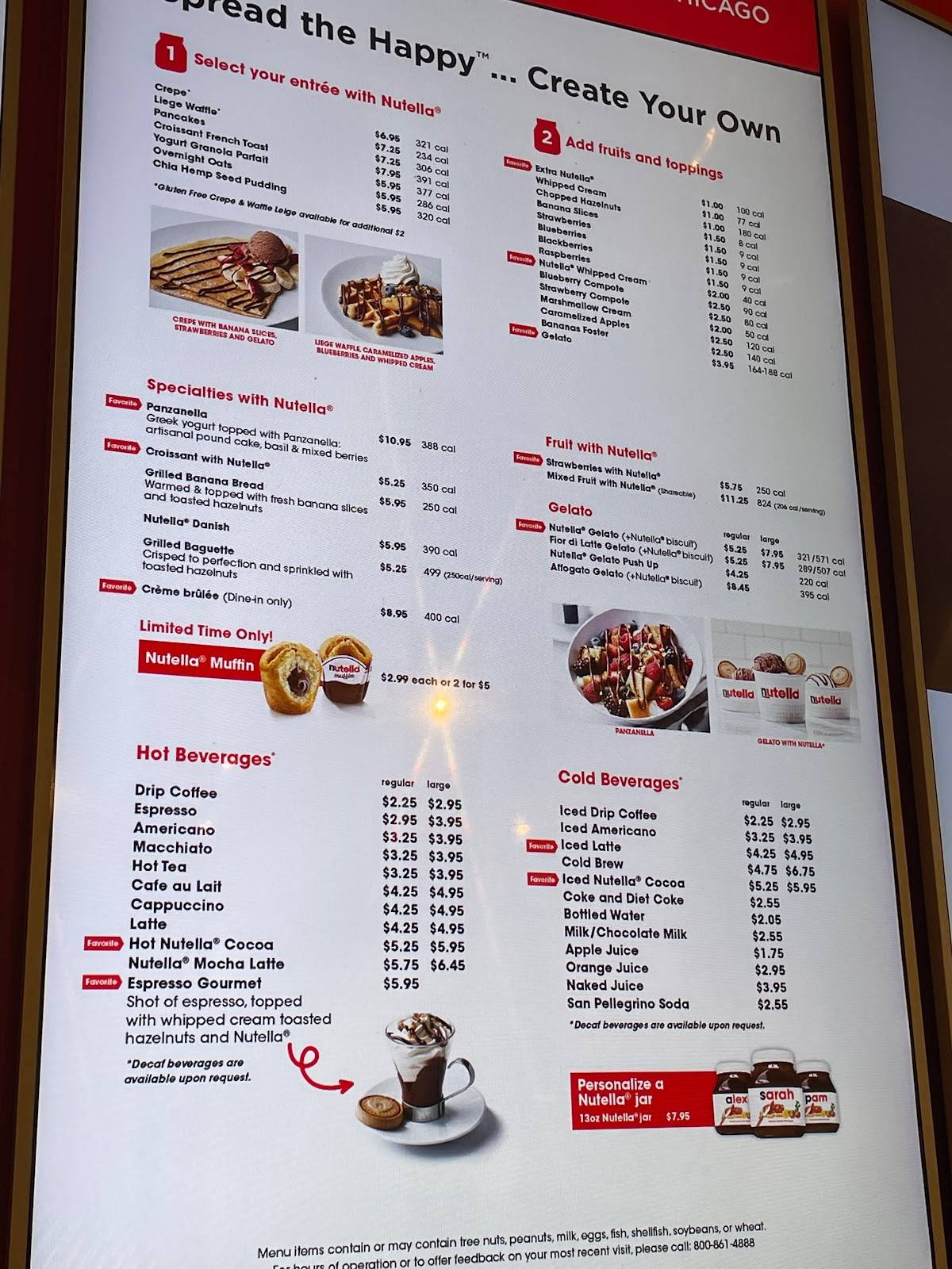 Menu at Nutella Cafe Chicago, Chicago