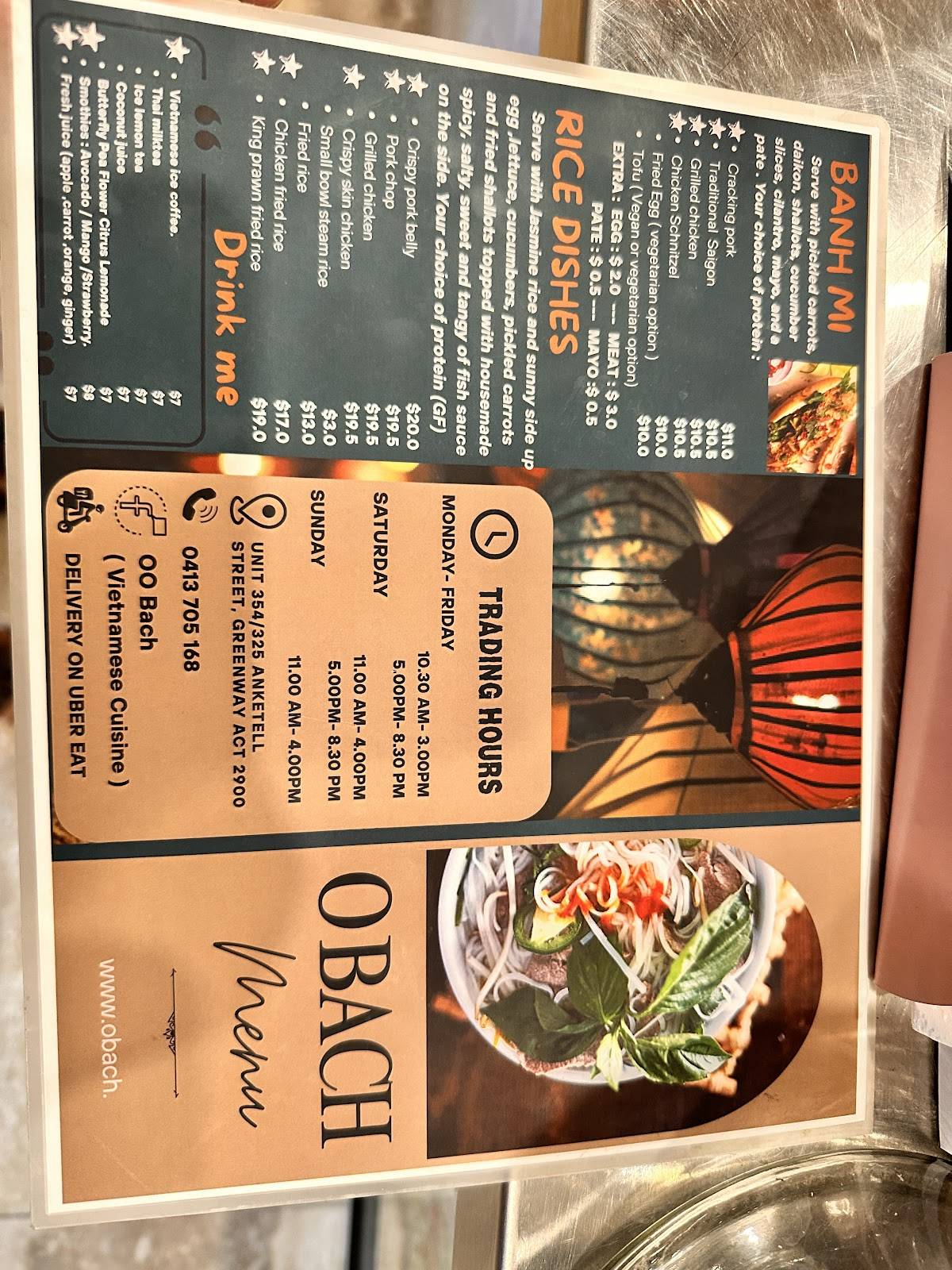 Menu at O Bach restaurant, Greenway