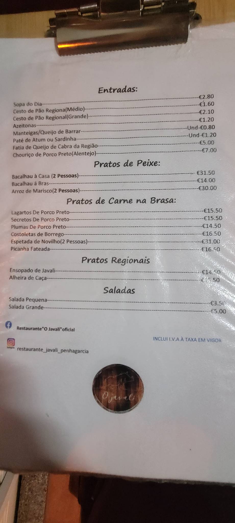 Menu em O Javali restaurante, Penha Garcia