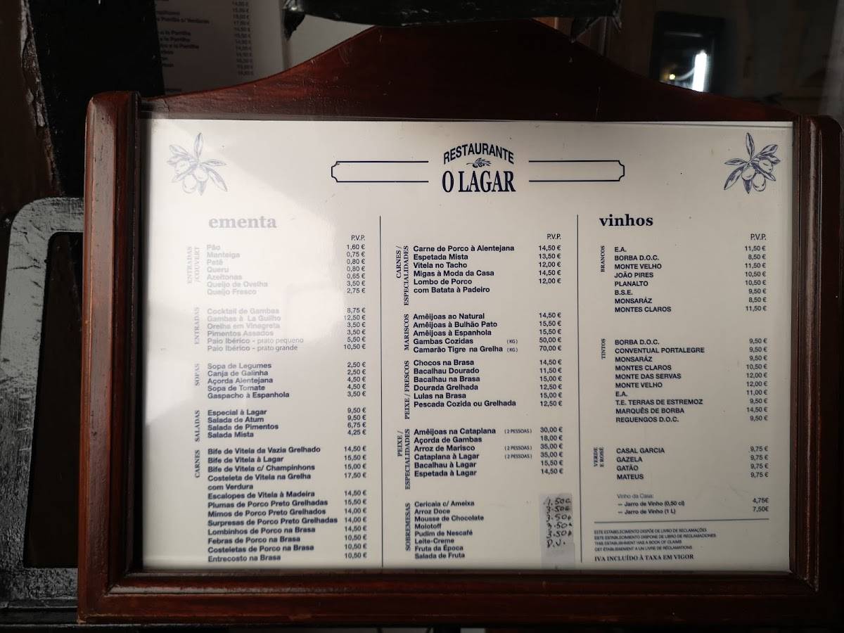 Menu em O Lagar restaurante, Elvas