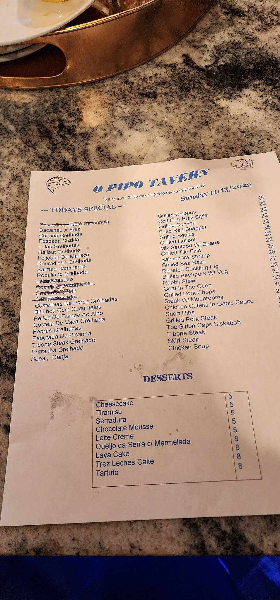 Menu at O PIPO TAVERN restaurant, Newark