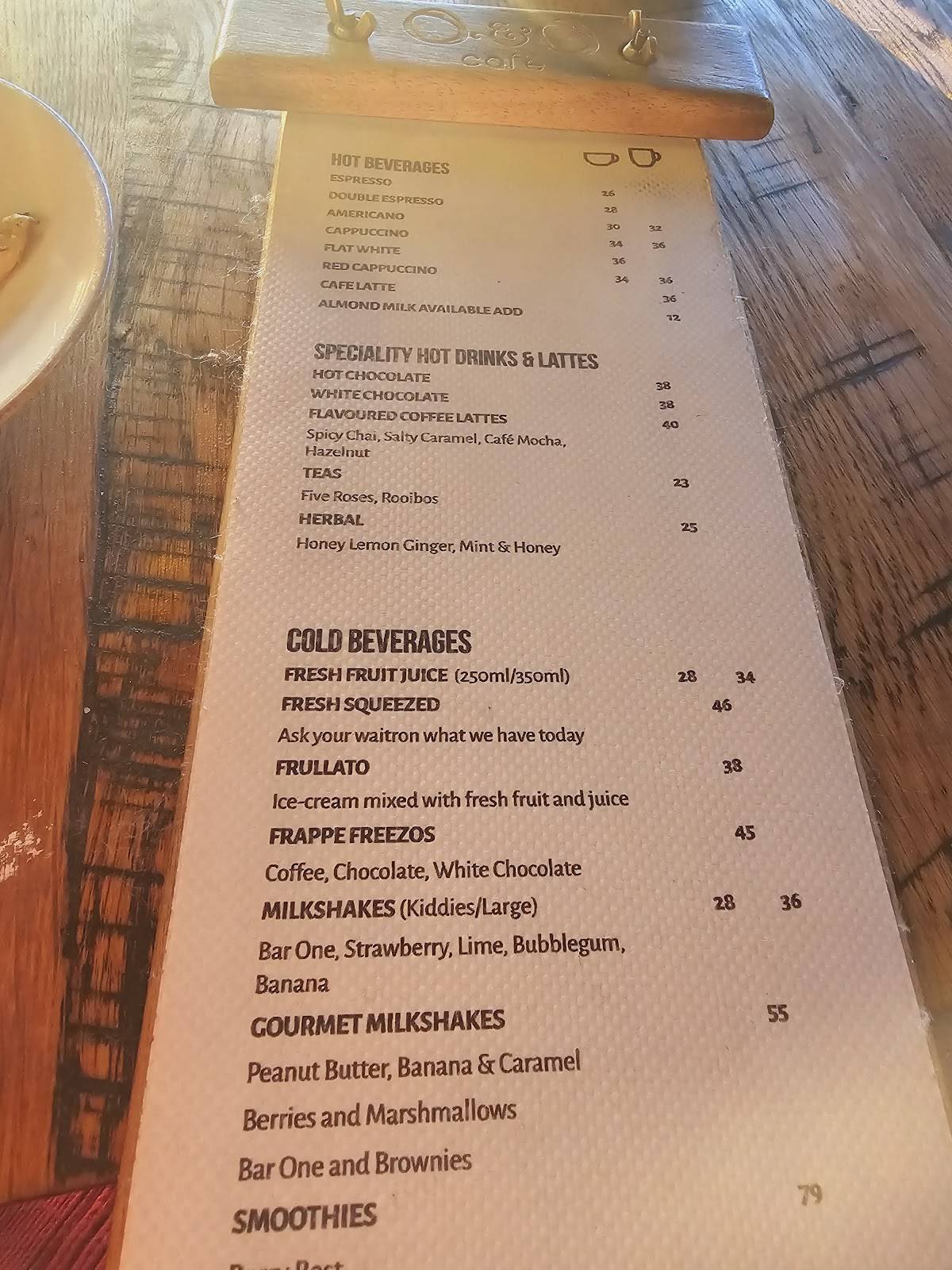 Menu at O&O Cafe, Westville