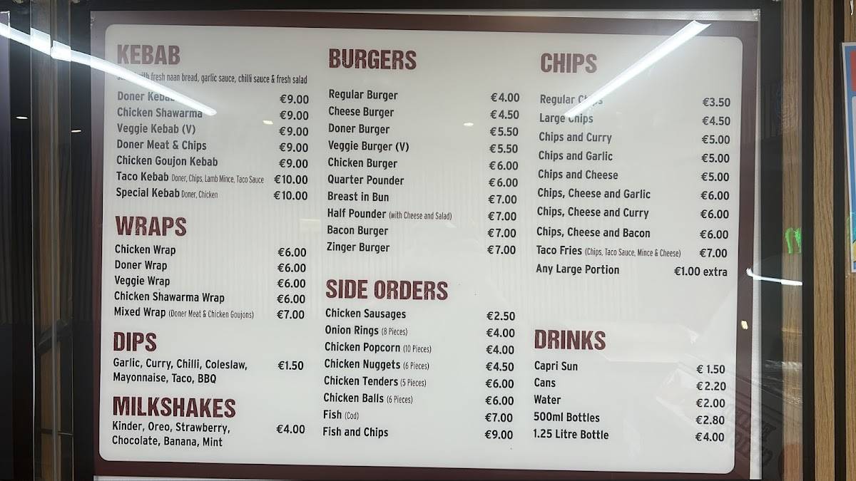 Menu at OPTP Takeaway restaurant, Castlegregory