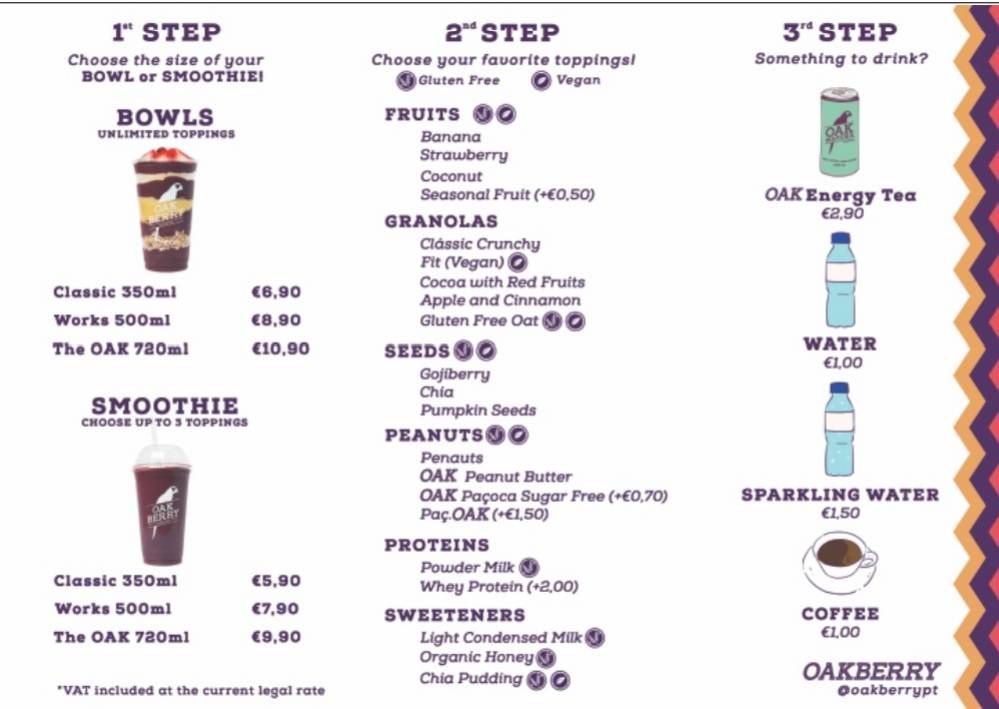 Menu at Oakberry Açai Lisboa - Campo de Ourique, Lisbon