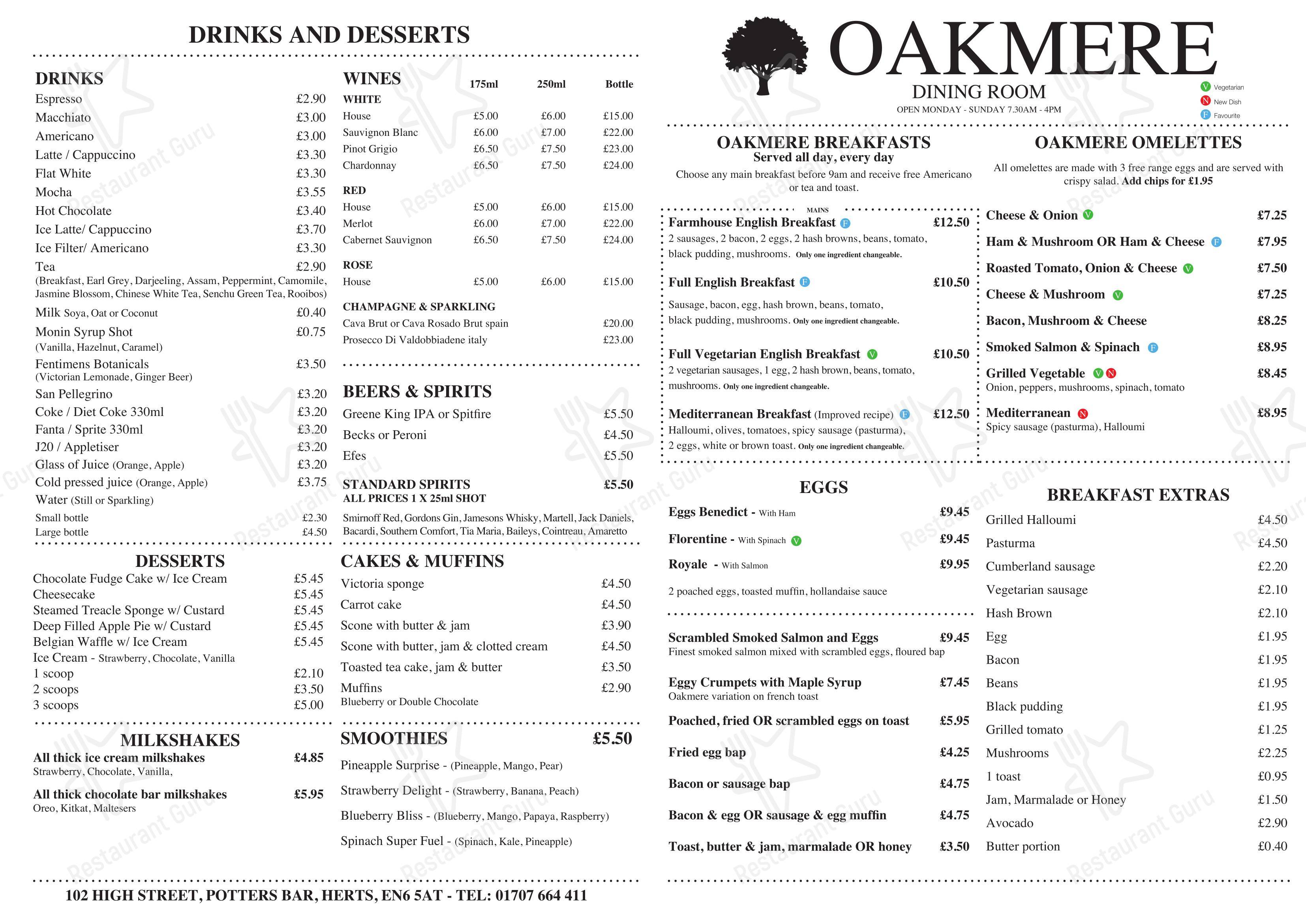 Menu at Oakmere Tea & Dining Room restaurant, Potters Bar