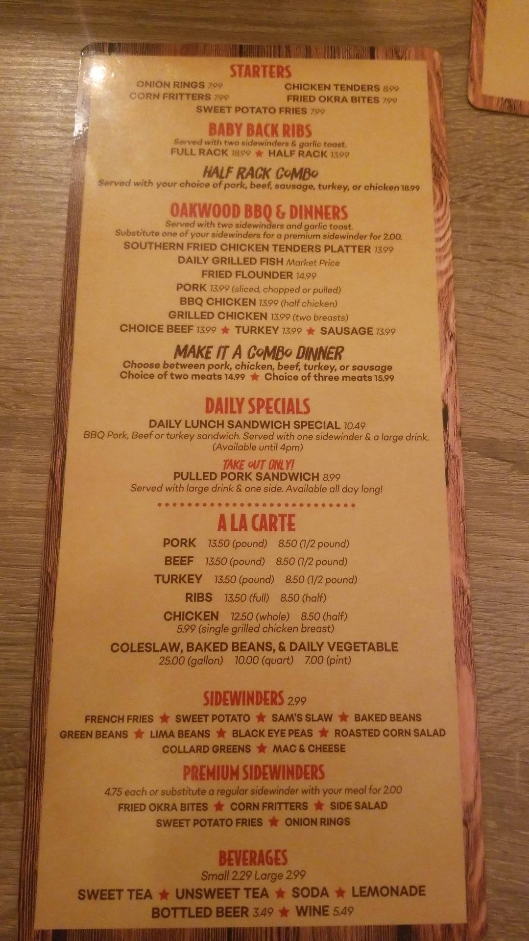 Menu at Oakwood Express Smokehouse & Grill BBQ, Wildwood