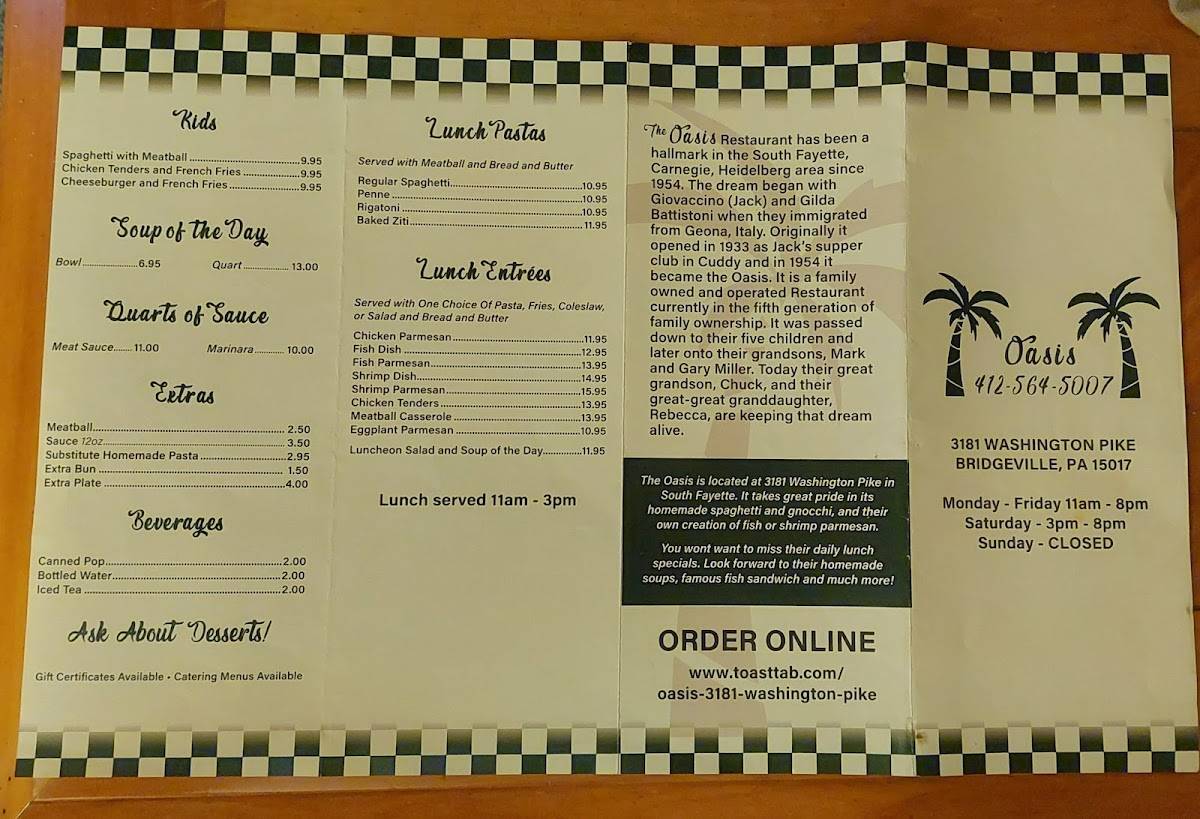 Menu at Oasis Restaurant, Bridgeville