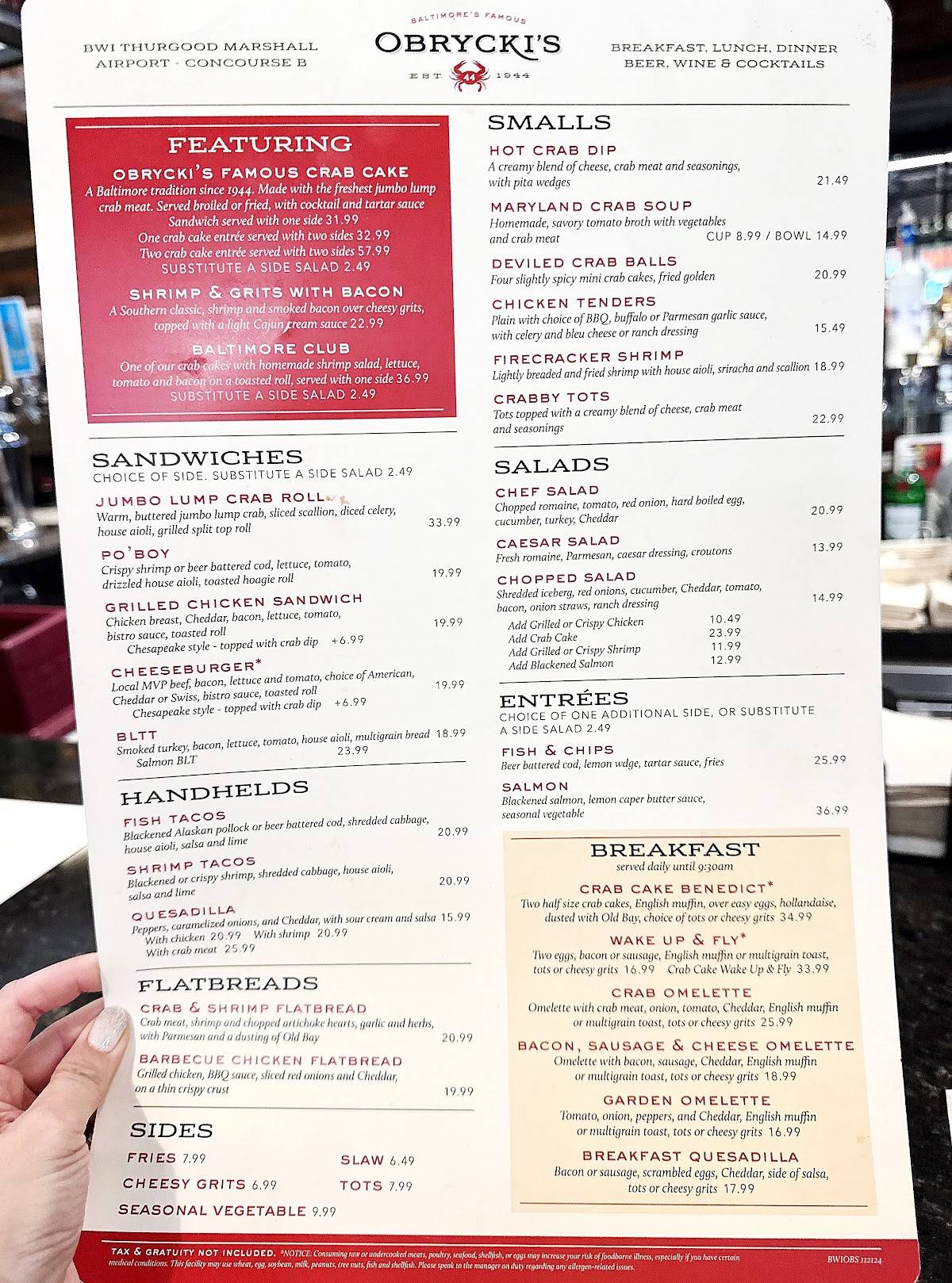Menu at Obrycki's Restaurant & Bar, Baltimore, 7050 Friendship Rd #9