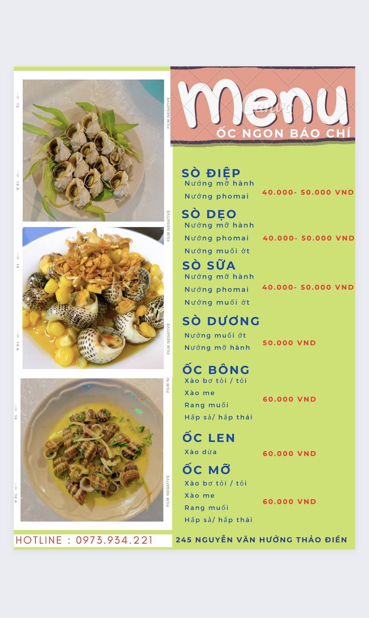 Menu at Ốc Ngon Báo Chí restaurant, Ho Chi Minh City